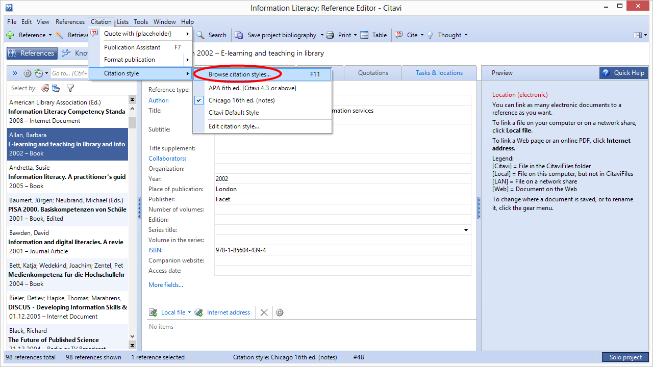 Citavi in Detail > Using Citation Styles > Finding citation styles